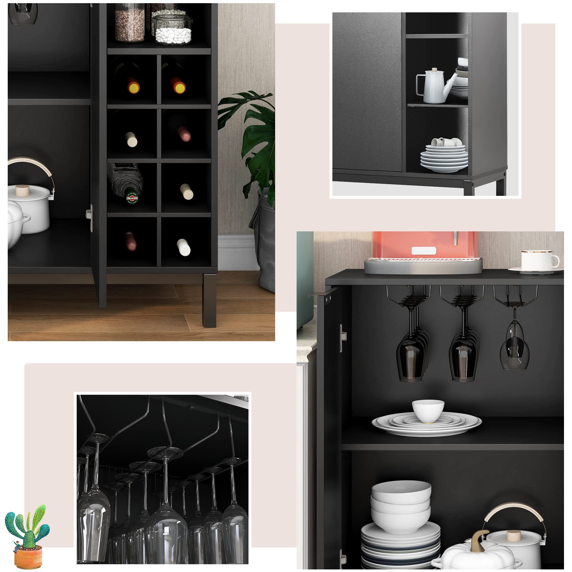 Plebs Home Contemporary Style Sideboards and Buffets, Coffee Bar, Cabinet, Wine, Racks Storage, Server, Dining Console, 34 Inch, Easy Assemble, for Kitchen, Living Room-Black