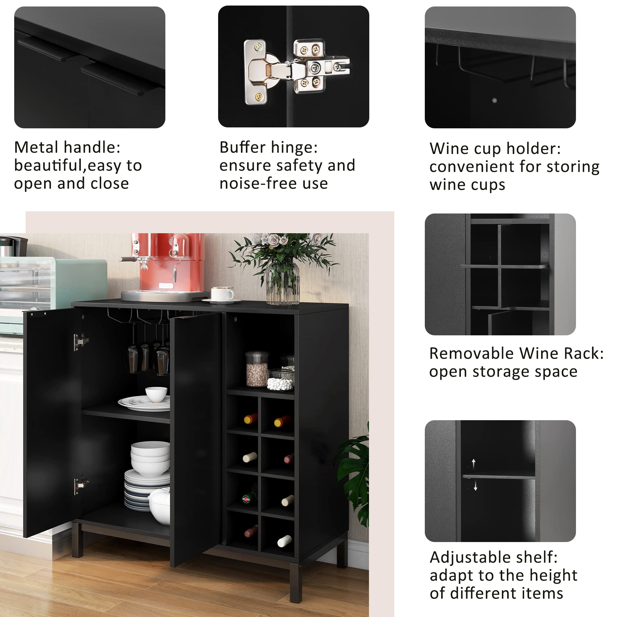 Plebs Home Contemporary Style Sideboards and Buffets, Coffee Bar, Cabinet, Wine, Racks Storage, Server, Dining Console, 34 Inch, Easy Assemble, for Kitchen, Living Room-Black