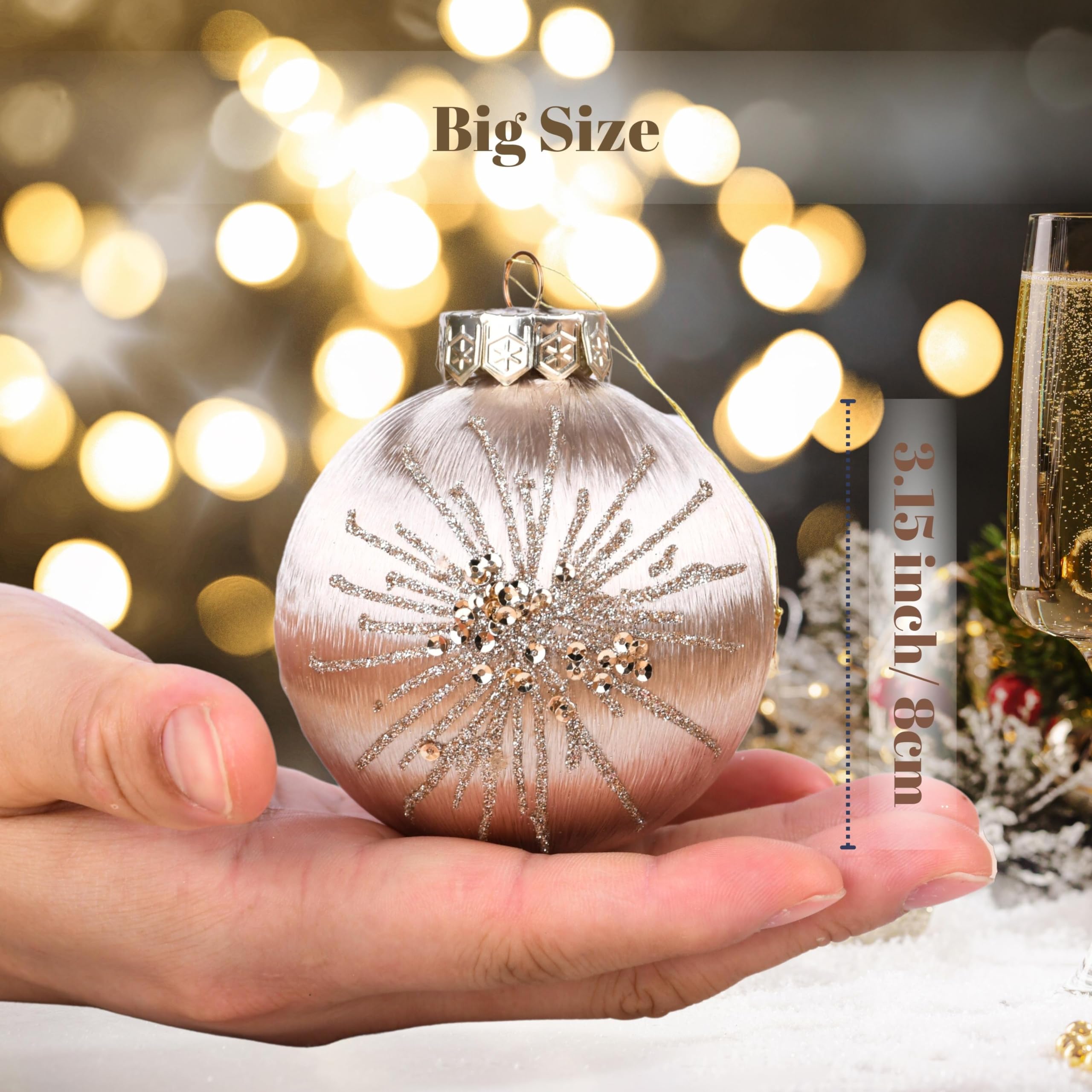 Christmas Ornaments Champagne Xmas Balls - Pack of 15 Luxury Christmas Tree Decorations Shatterproof - Satin Glitter Xmas Bulbs Set, 3.15 inch 80mm