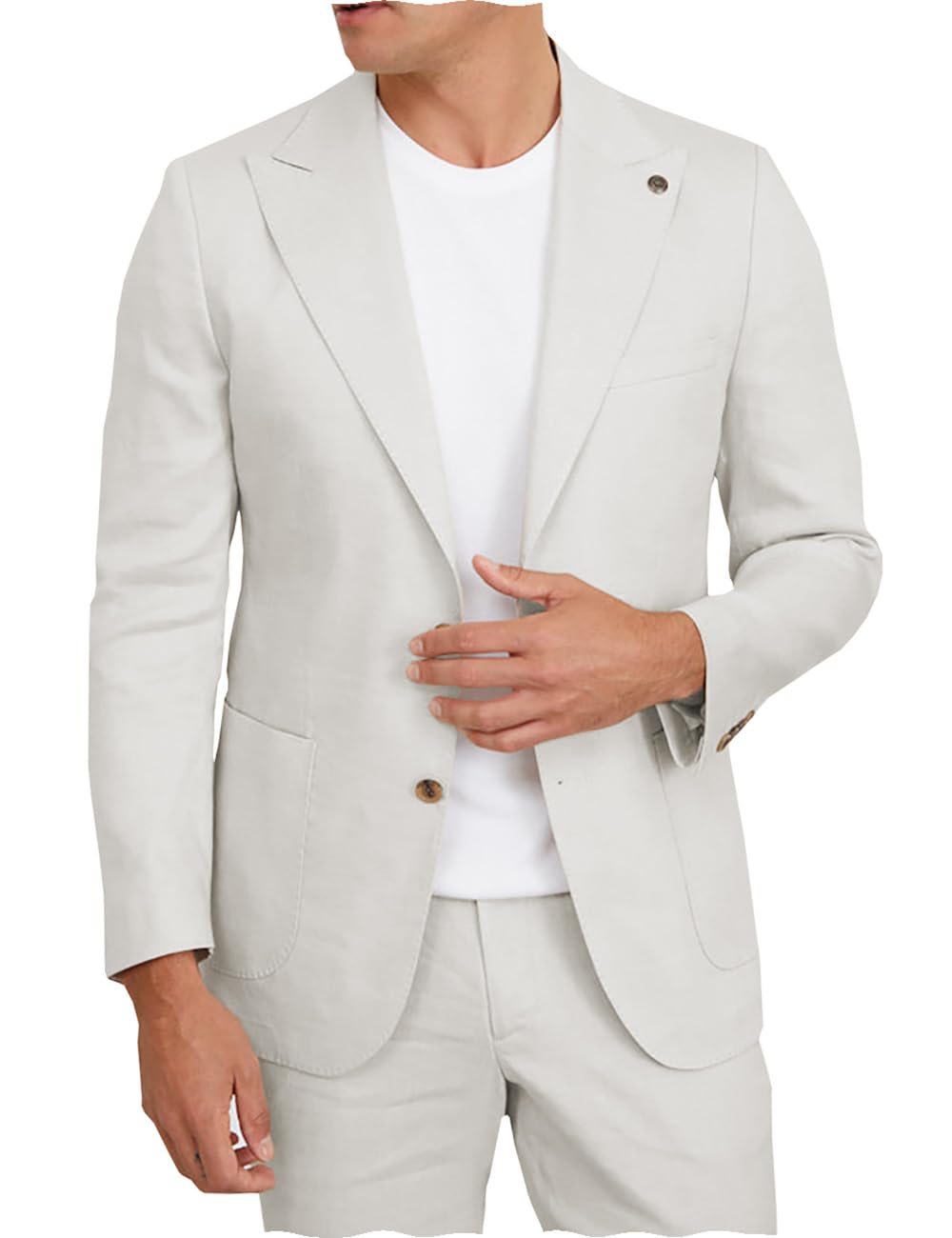 MoranX Summer Casual Men's Suits Regular Fit 2 Piece Prom Tuxedos Peak Lapel Linen Blazer Pants for Wedding(White,36R)