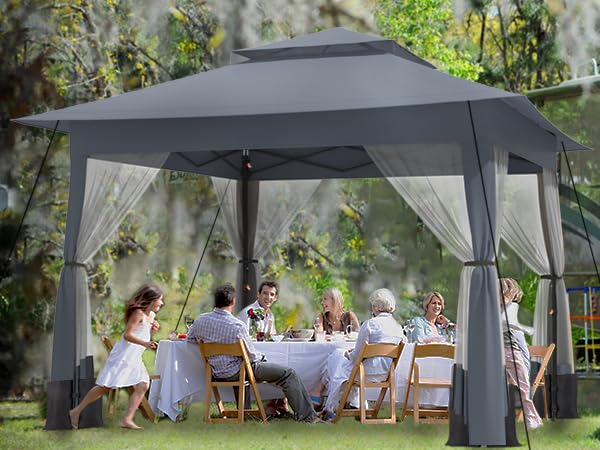Winkalon 13'x 13' Pop Up Gazebo with Mosquito Netting, Outdoor Gazebo Waterproof Canopy Tent with Double Roof Tops and 169 Square Feet of Shade for Patio, Group Gatherings, Camping Shelter (Grey)