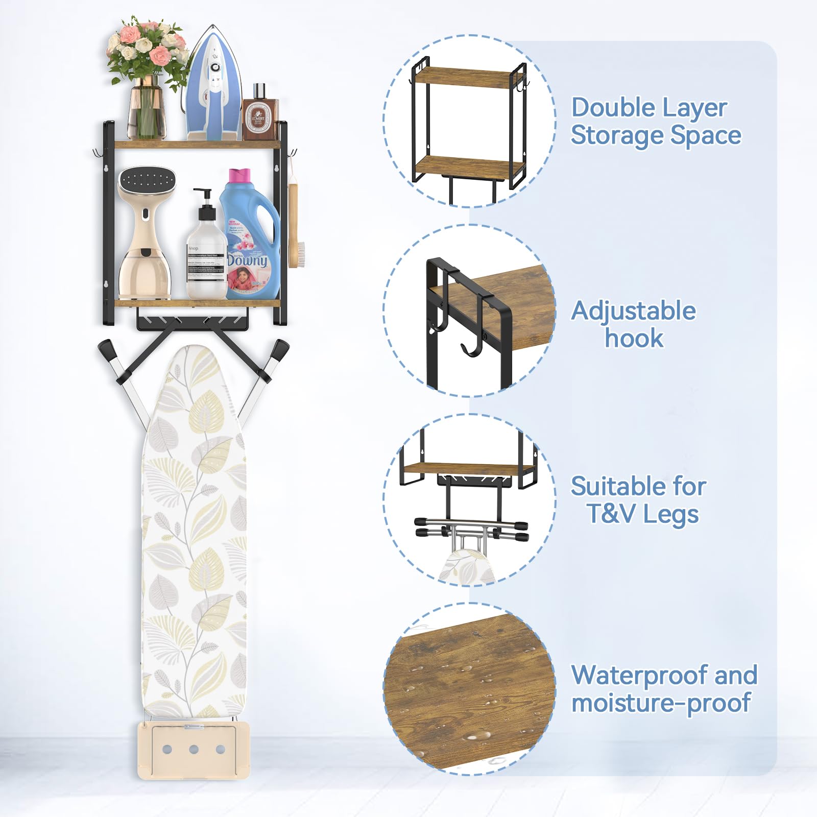 EsLuker.ly 2 Tiers Ironing Board Holder Wall Mount, Iron Board Hanger Rack Organization with Removable Hooks, Laundry Room Shelves with Large Wooden Baskets for Iron and Ironing board Set, Black