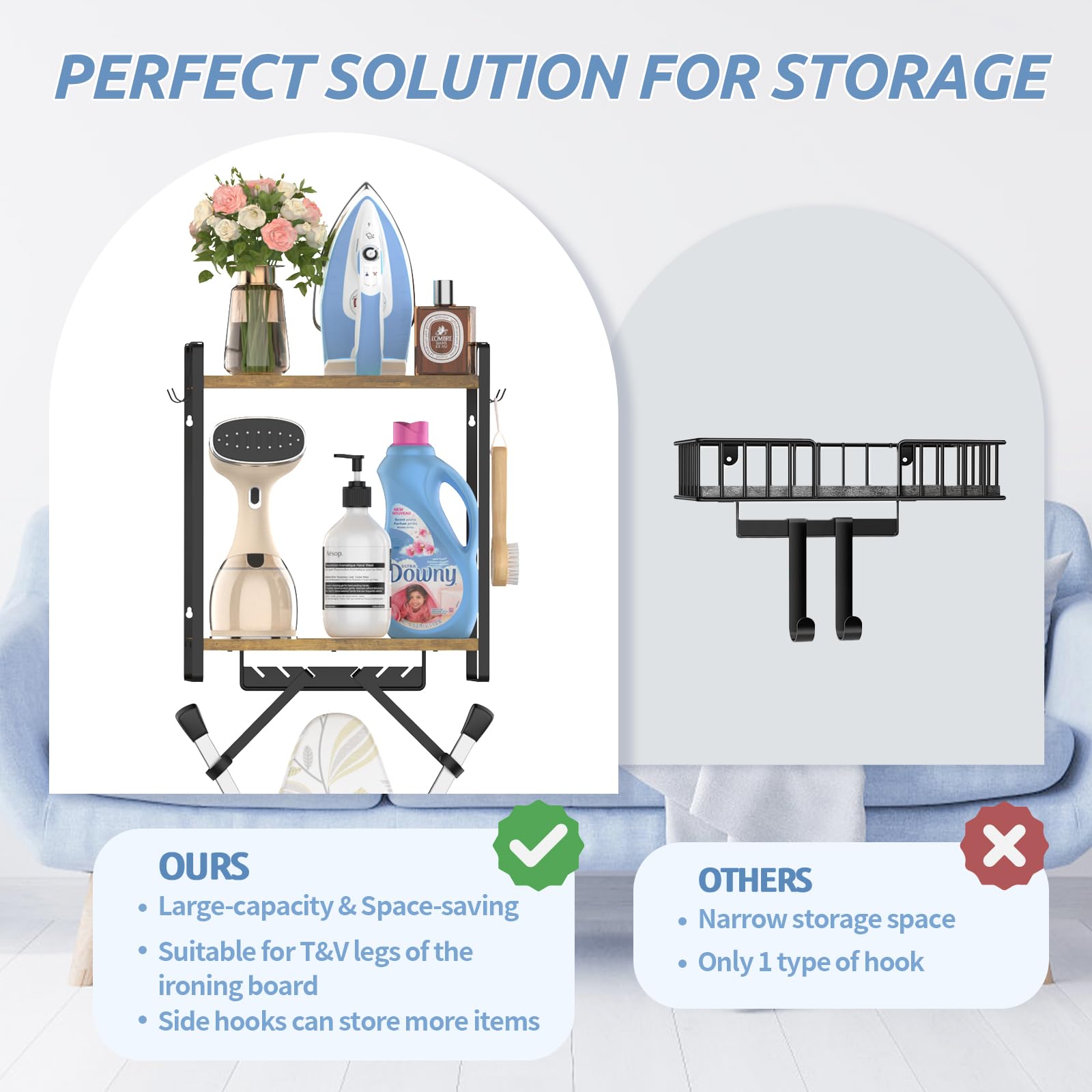 EsLuker.ly 2 Tiers Ironing Board Holder Wall Mount, Iron Board Hanger Rack Organization with Removable Hooks, Laundry Room Shelves with Large Wooden Baskets for Iron and Ironing board Set, Black