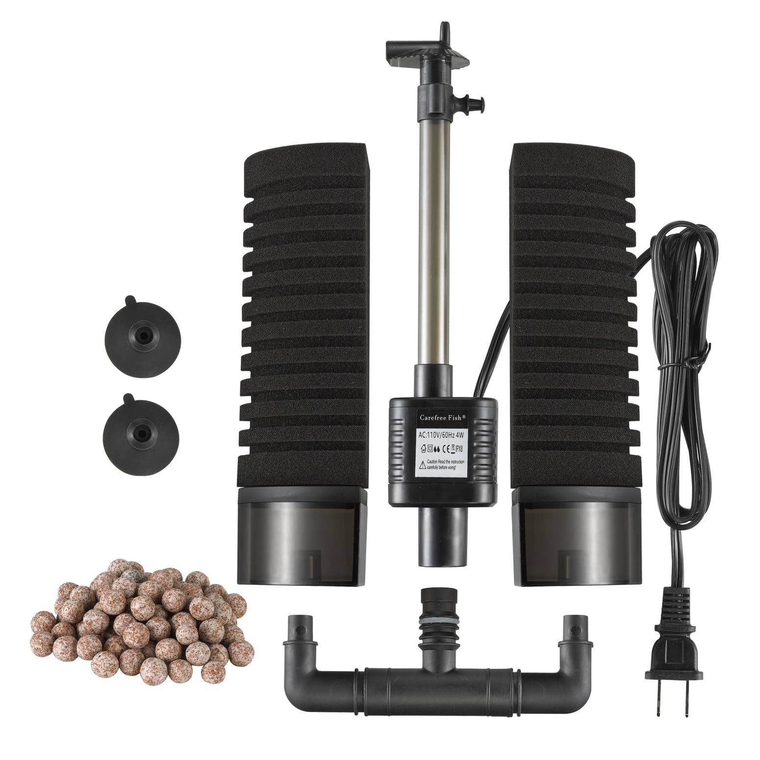 Carefree Fish Aquarium Filter with Water Pump 4 Sponges and 1 Bag of Filtered Ceramic Balls Fish Tank Quiet Filter for Salt Water and Fresh Water