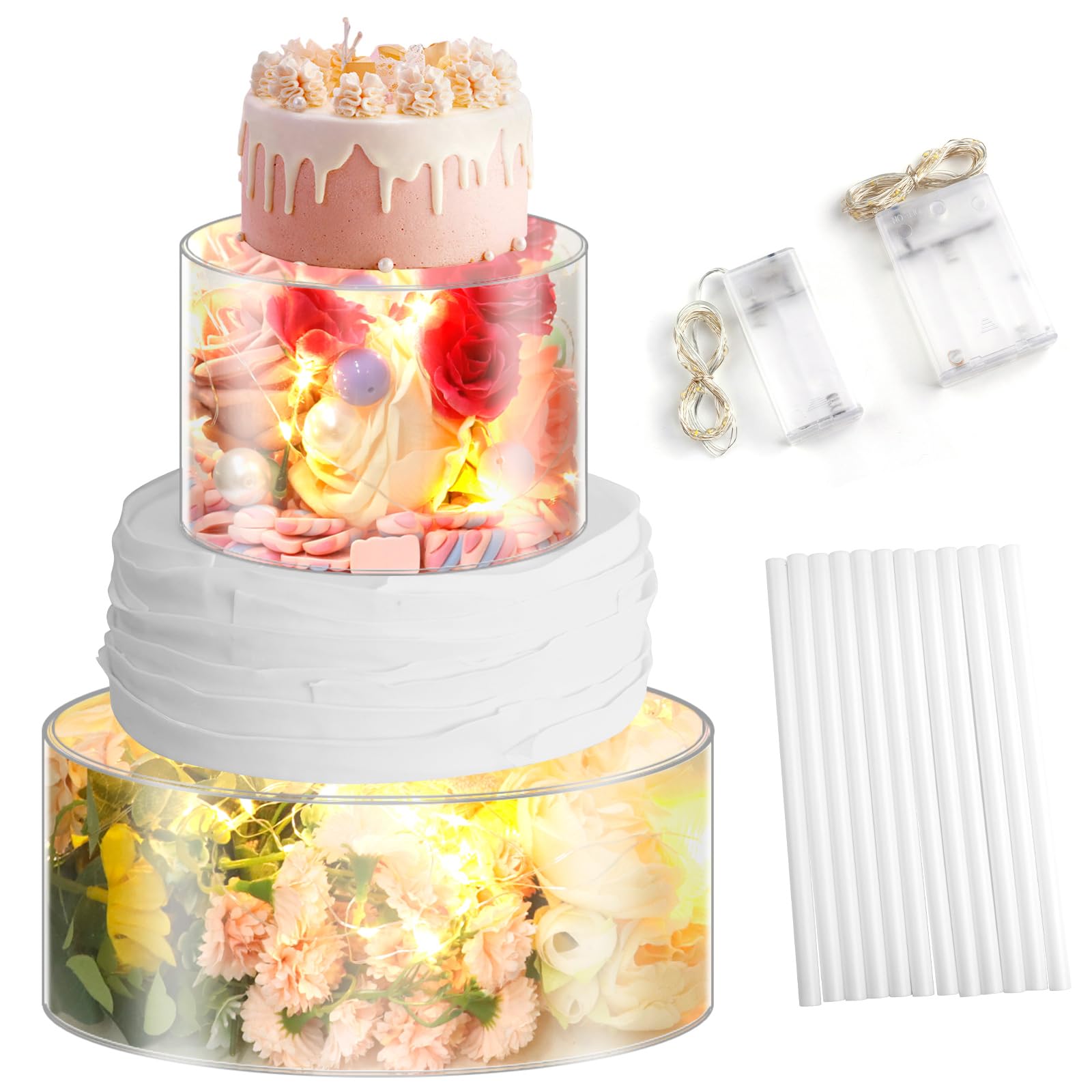 ALEXPRE 2PCS Clear Acrylic Wedding Cake Stand, Fillable Cake Box with Lid, LED Lights, 6 & 10 Inch, 3M LED Lights