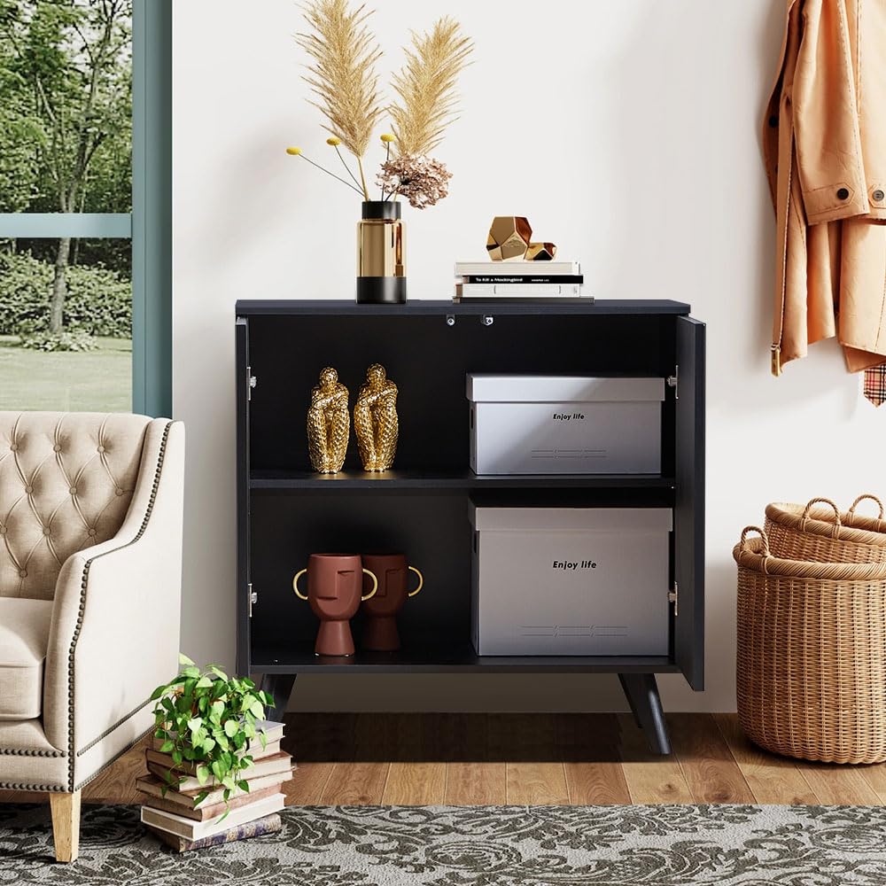AFFEIVUL Black Accent Buffet Cabinet with Adjustable Shelves, Freestanding Sideboard with Double Doors for Hallway Entryway Living Room