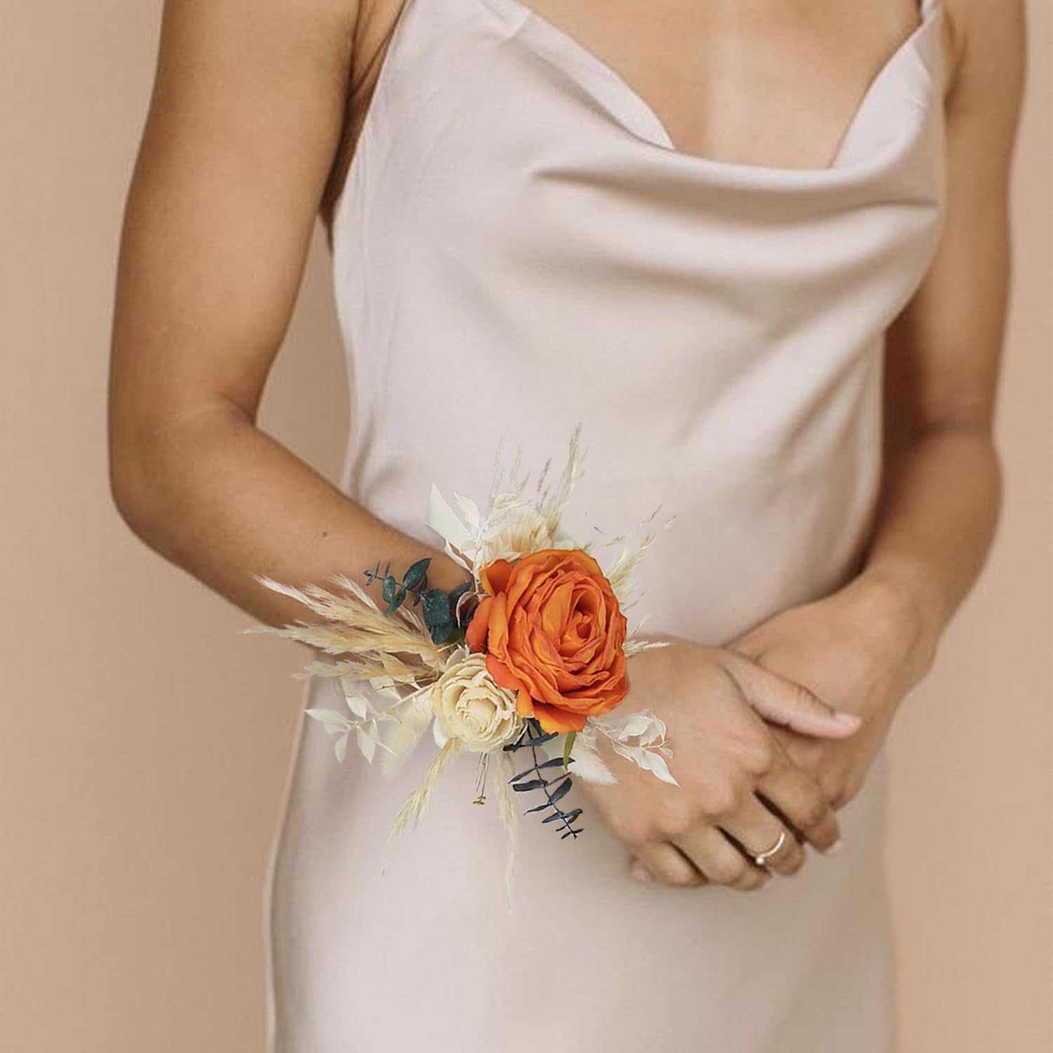 Rinlong 6pcs Dried Flower Wrist Corsage Wristlet Bridesmaid Bracelet Boho Terracotta Shoulder Corsage Wrist Flowers Wedding Bride Flower Accessories