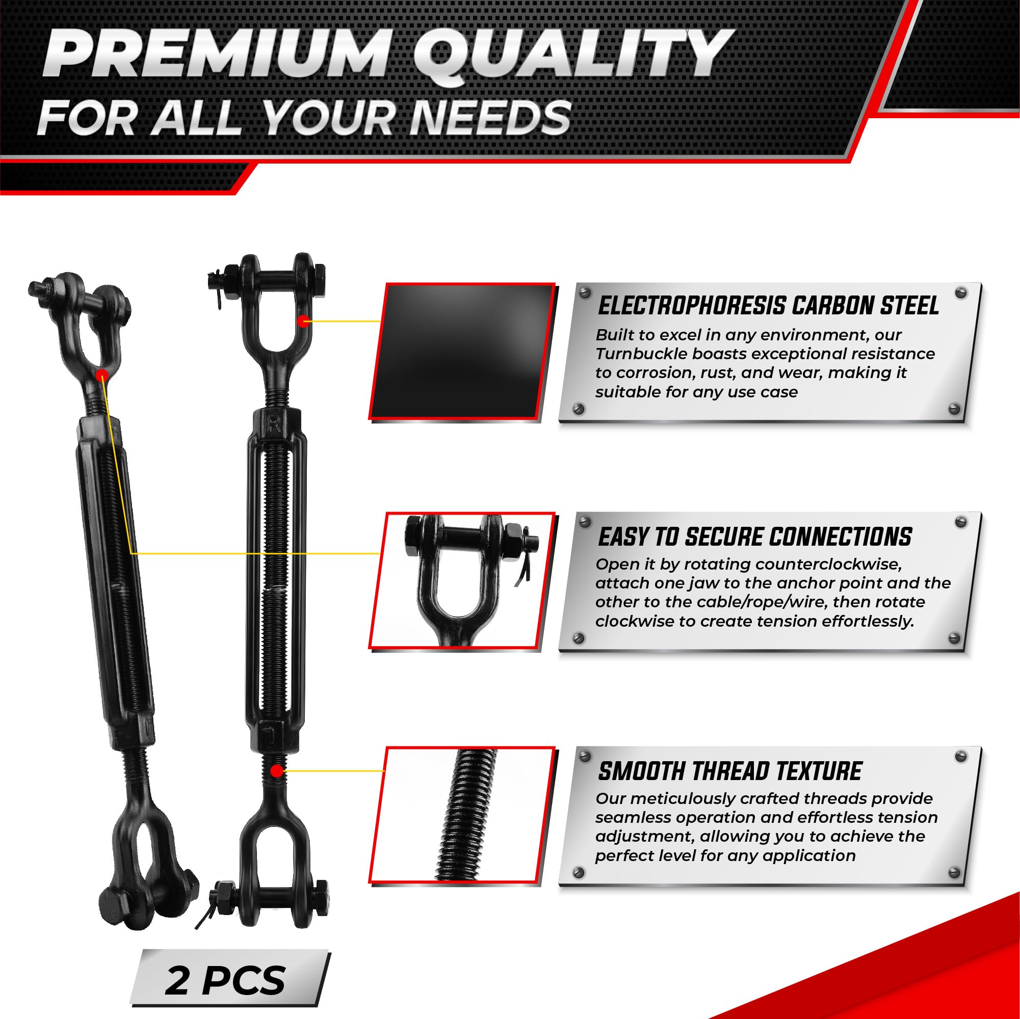 [Premium] 2 Pack 1/2”x13.4” Heavy Duty Jaw and Jaw Turnbuckle, 2200 lbs Working Load Limit, Weather Resistant, Durable Black Turnbuckle for Wire Rope Tension, Shade Sail Hardware, Sun Shade Tent