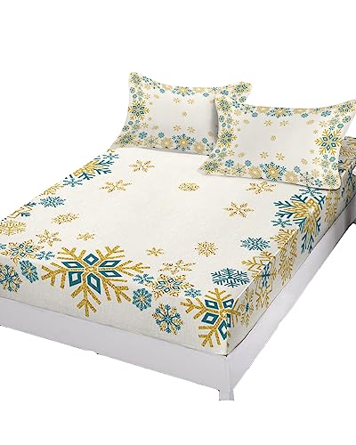Twin Size Fitted Sheet Bed Set Christmas Abstract Snowflake Texture Deep Pocket Soft Bottom Sheets&Pillowcases for Bedroom Decor Gold Blue Snow Flower on Flax,Fits Mattress Up to 16" Deep