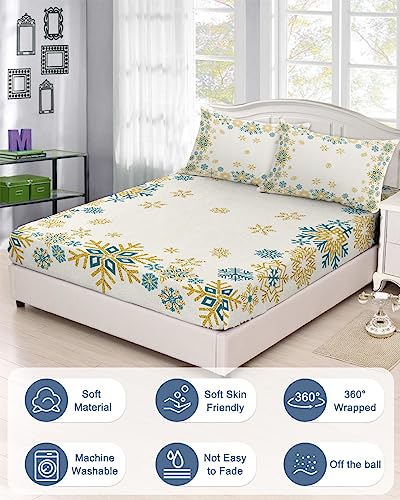 Twin Size Fitted Sheet Bed Set Christmas Abstract Snowflake Texture Deep Pocket Soft Bottom Sheets&Pillowcases for Bedroom Decor Gold Blue Snow Flower on Flax,Fits Mattress Up to 16" Deep