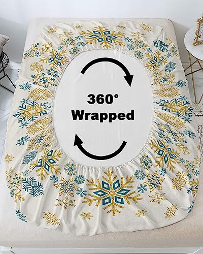 Twin Size Fitted Sheet Bed Set Christmas Abstract Snowflake Texture Deep Pocket Soft Bottom Sheets&Pillowcases for Bedroom Decor Gold Blue Snow Flower on Flax,Fits Mattress Up to 16" Deep