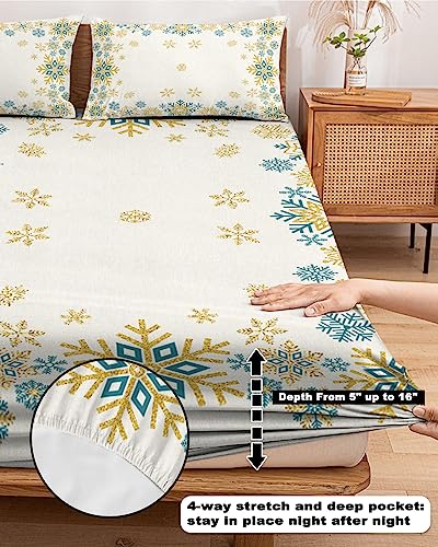 Twin Size Fitted Sheet Bed Set Christmas Abstract Snowflake Texture Deep Pocket Soft Bottom Sheets&Pillowcases for Bedroom Decor Gold Blue Snow Flower on Flax,Fits Mattress Up to 16" Deep