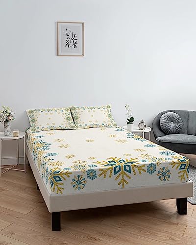 Twin Size Fitted Sheet Bed Set Christmas Abstract Snowflake Texture Deep Pocket Soft Bottom Sheets&Pillowcases for Bedroom Decor Gold Blue Snow Flower on Flax,Fits Mattress Up to 16" Deep