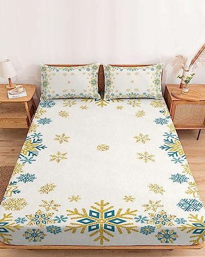 Twin Size Fitted Sheet Bed Set Christmas Abstract Snowflake Texture Deep Pocket Soft Bottom Sheets&Pillowcases for Bedroom Decor Gold Blue Snow Flower on Flax,Fits Mattress Up to 16" Deep