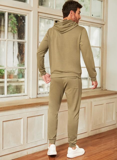 JMIERR Sweatsuits for Men Set 2 Piece Airport Outfits Long Sleeve Drawstring Hoodie Sweatshirt & Joggers Sweatpants with Pockets, Fall Tracksuit Matching Lounge Sets, Large, Khaki