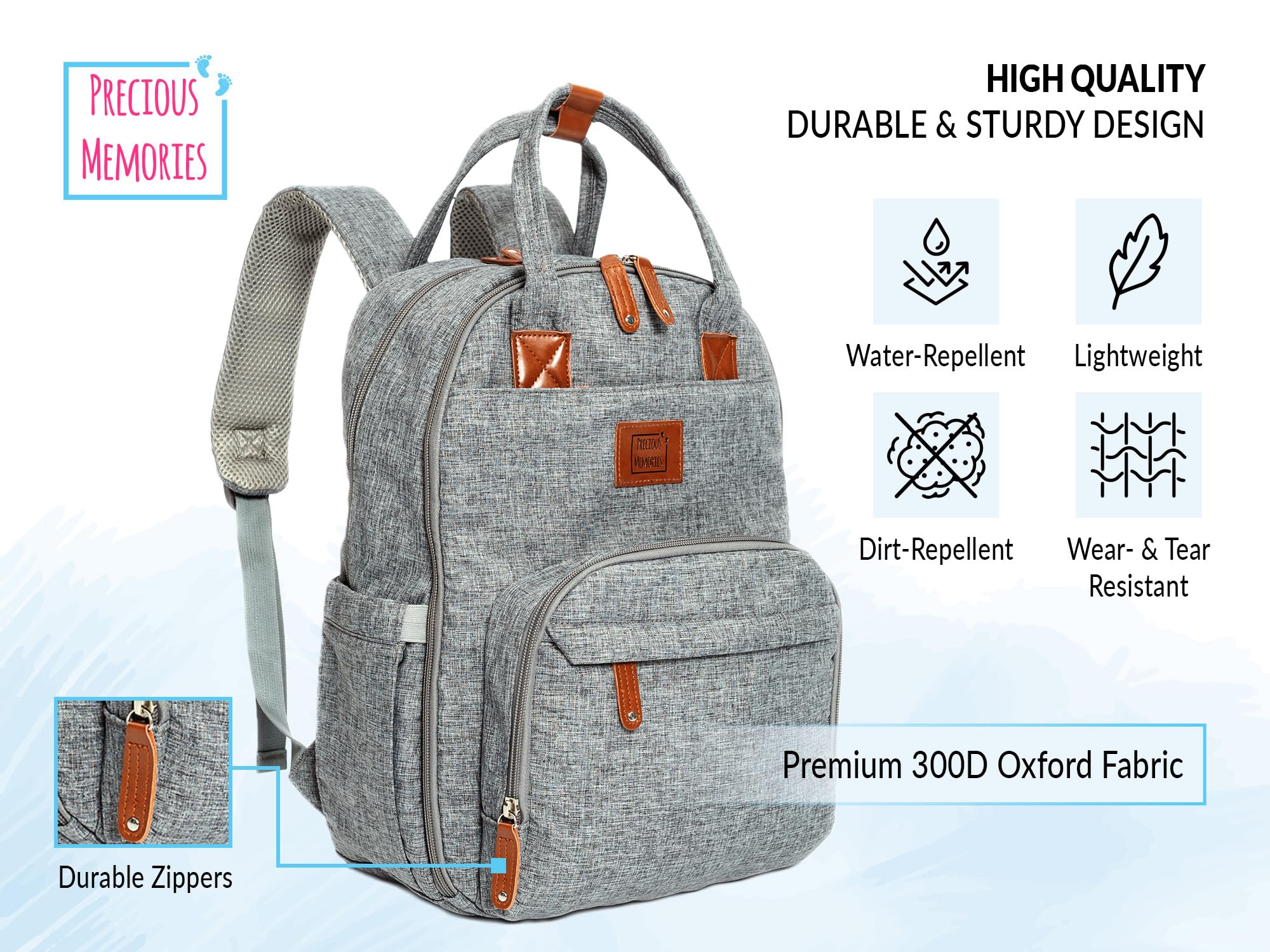 Precious Memories Toddler Diaper Backpack with Portable Changing Mat - Water-Resistant Baby Bag - Large Diaper Bag for Toddlers - Newborn essentials