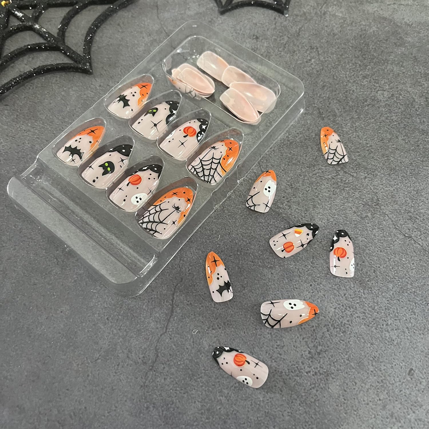 Halloween Acrylic Press on Nails Almond Shape Fake Nails Short Full Cover Glue on Nails Halloween Stick on Nails Cute Ghost Pumpkin Bat False Nails with Designs Halloween Pink&Black Manicure Art 24Pcs