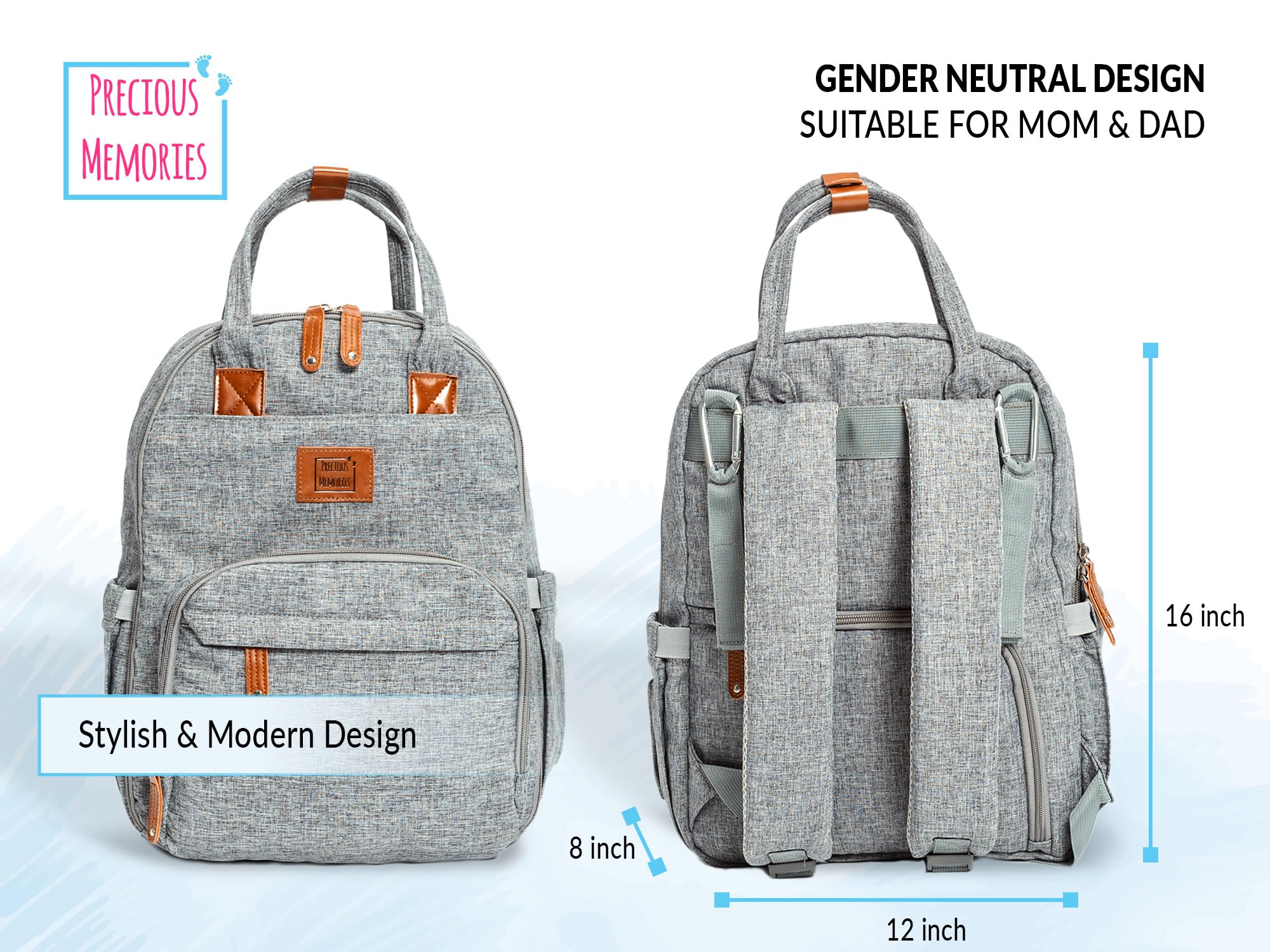 Precious Memories Toddler Diaper Backpack with Portable Changing Mat - Water-Resistant Baby Bag - Large Diaper Bag for Toddlers - Newborn essentials