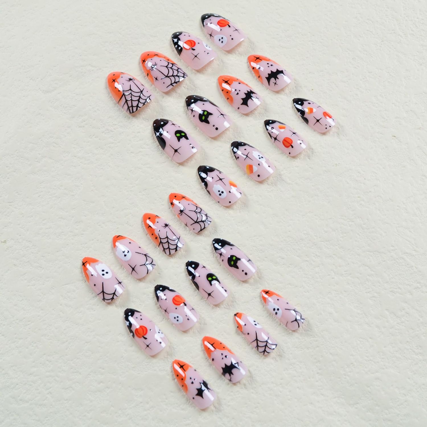 Halloween Acrylic Press on Nails Almond Shape Fake Nails Short Full Cover Glue on Nails Halloween Stick on Nails Cute Ghost Pumpkin Bat False Nails with Designs Halloween Pink&Black Manicure Art 24Pcs