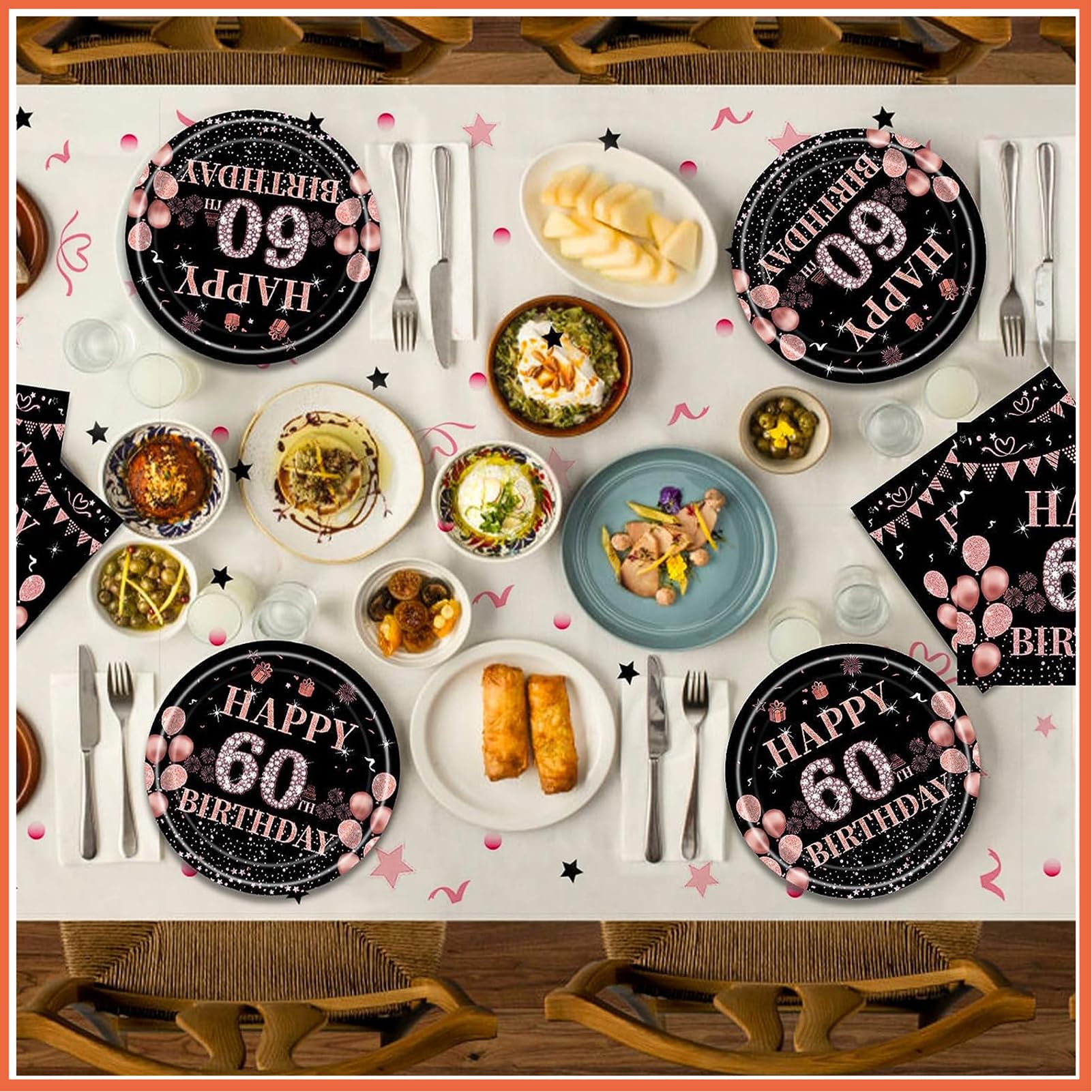 Black Rose Gold Birthday Party Supplies,Disposable Party Tableware Sets - 60 Years Paper Plates,Napkins,Plastic Forks Knives,Tablecloths,60th Birthday Decorations for Men,24 Guests