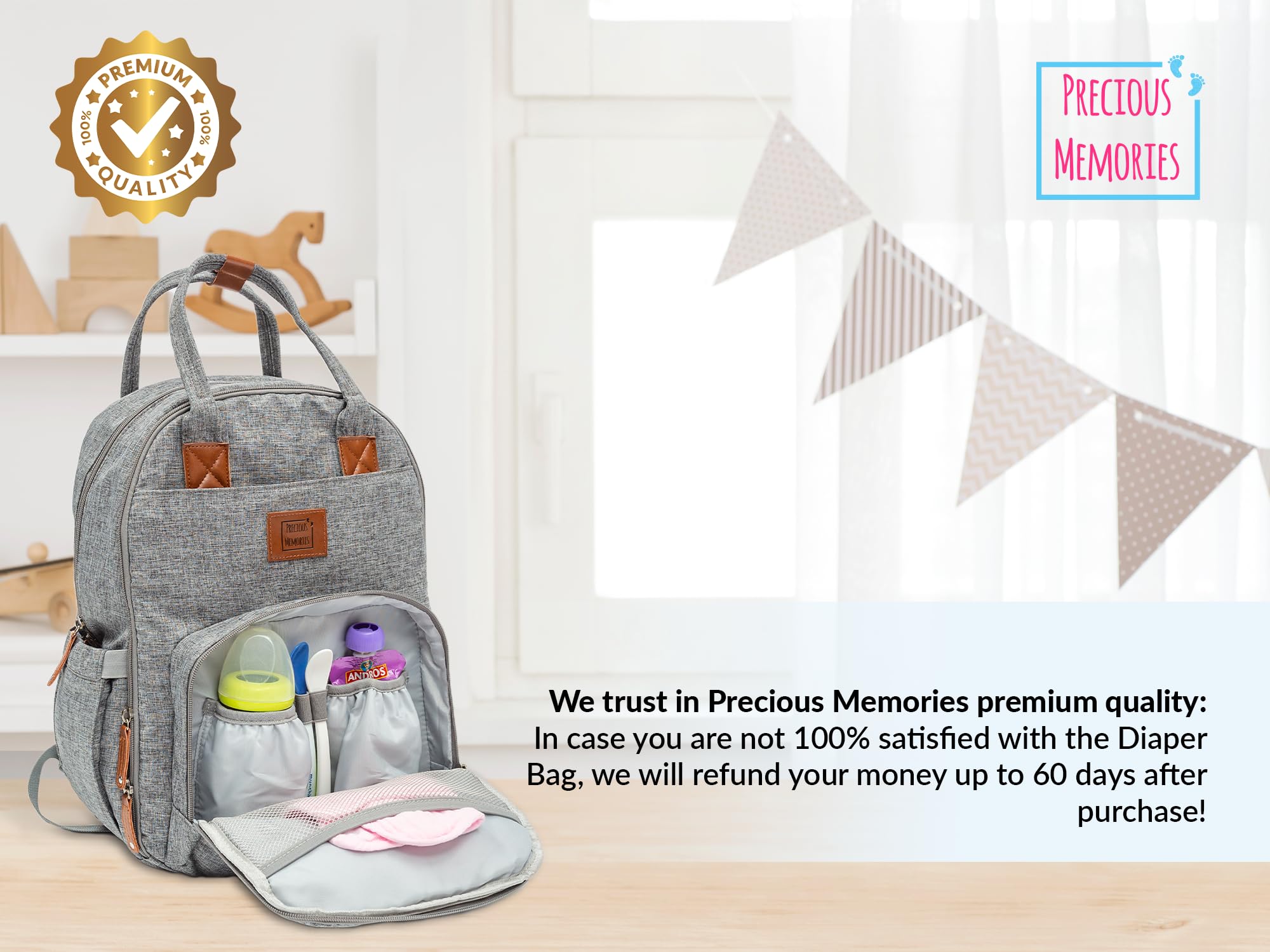 Precious Memories Toddler Diaper Backpack with Portable Changing Mat - Water-Resistant Baby Bag - Large Diaper Bag for Toddlers - Newborn essentials