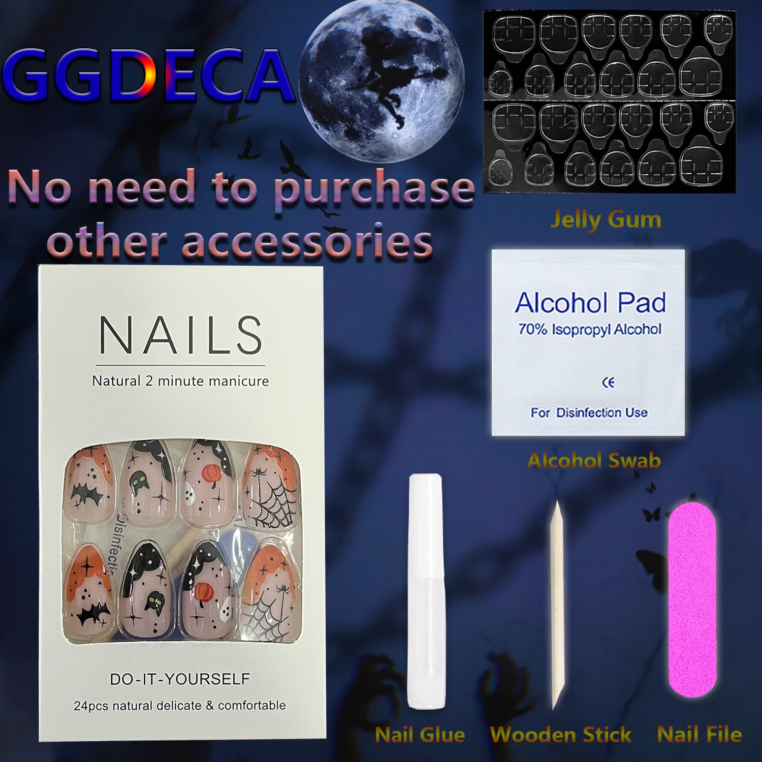 Halloween Acrylic Press on Nails Almond Shape Fake Nails Short Full Cover Glue on Nails Halloween Stick on Nails Cute Ghost Pumpkin Bat False Nails with Designs Halloween Pink&Black Manicure Art 24Pcs