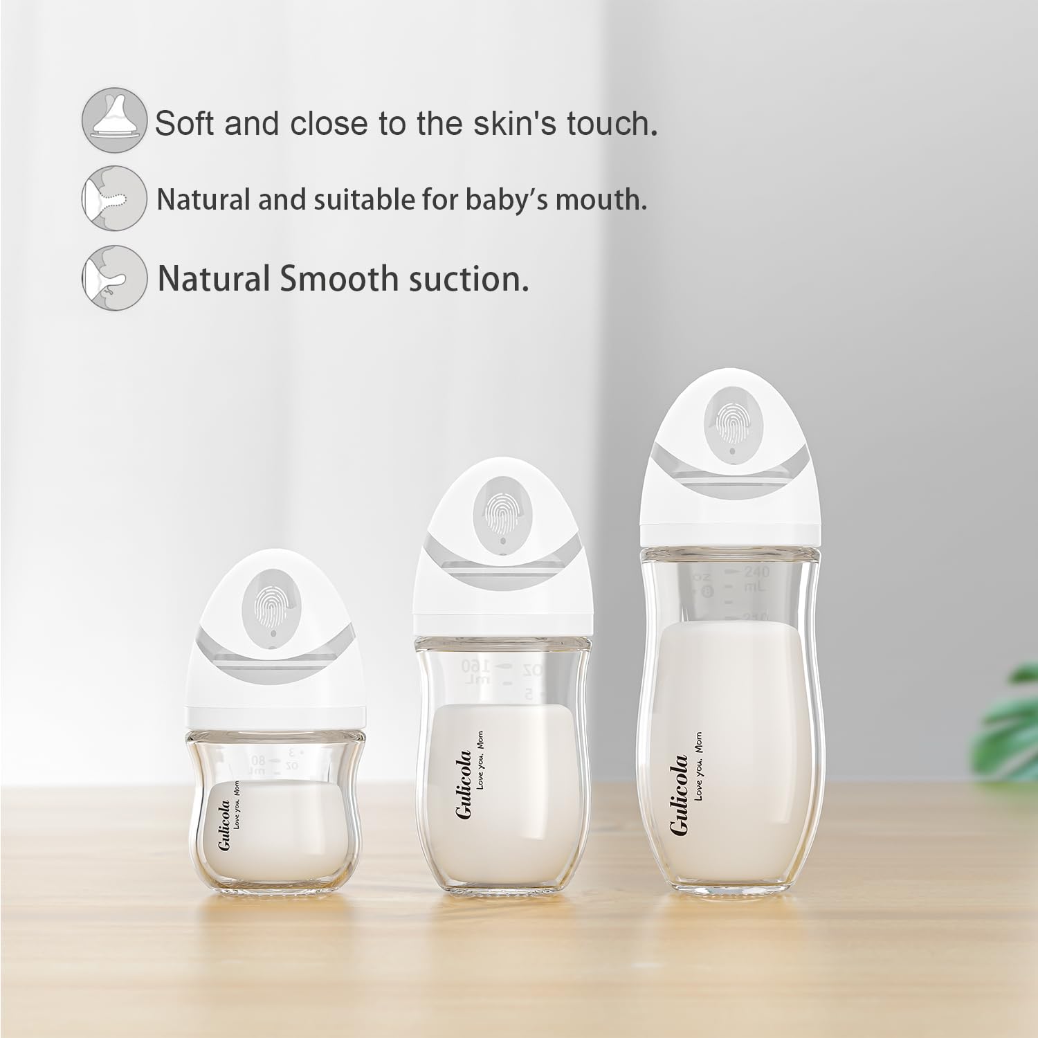 Gulicola Natural Glass Baby Bottle for Breastfed Babies, Anti-Colic Baby Bottle Set with Medium Flow Nipple, 3 Months +, 8 oz, 2 Pack - White