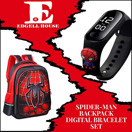 EDGELL HOUSE Childrenās Spiderman Backpack and Digital Bracelet Set for Kids Marvel Spidey Backpack with LED Spider-man Bracelet Spiderman cloth School Backpack School bag for boys and girls