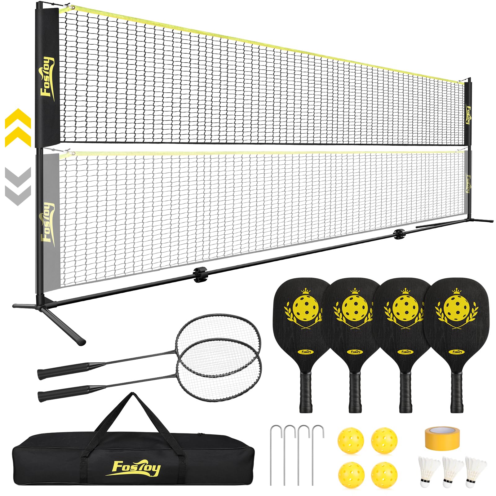 Fostoy Pickleball Set with Net, 17FT Portable Pickleball Net, 36-61in Adjusts All in one Pickleball Badminton Net Set with Pickleball Paddles and Badminton Rackets for All-Weather for Indoor Outdoor