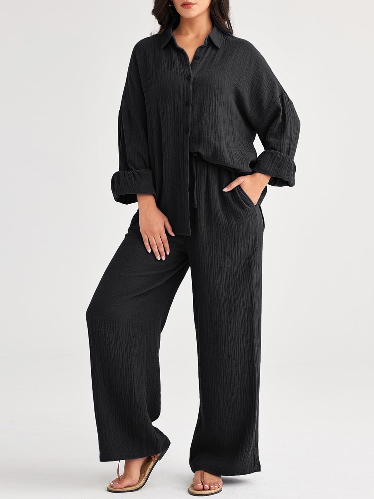 AUTOMET Womens 2 Piece Fall Outfits 2023 Fashion Clothes Lounge Wide Leg Pants Sets Matching Linen Palazzo Two Piece Sweatsuit Tracksuit, Black