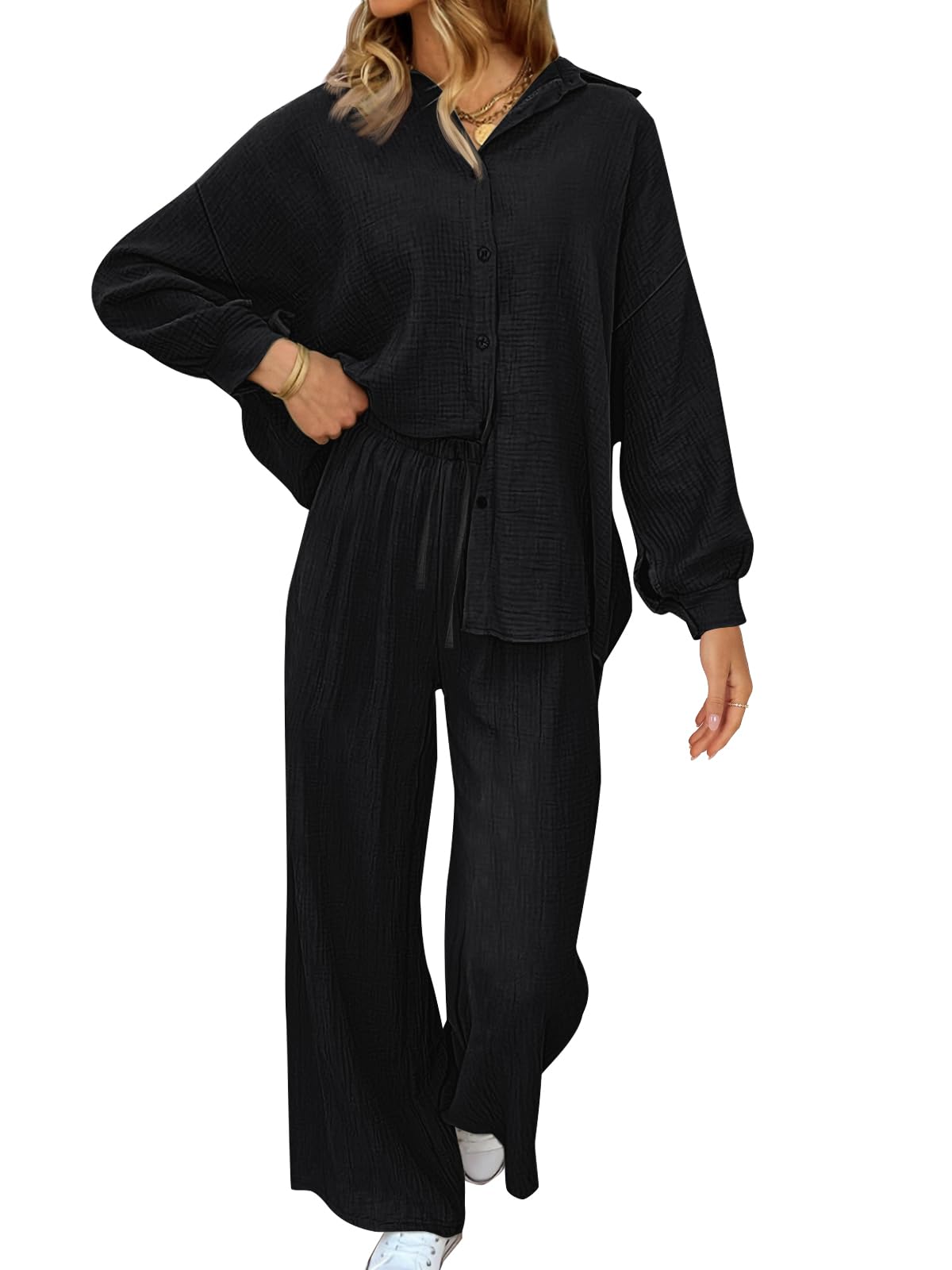 AUTOMET Womens 2 Piece Fall Outfits 2023 Fashion Clothes Lounge Wide Leg Pants Sets Matching Linen Palazzo Two Piece Sweatsuit Tracksuit, Black
