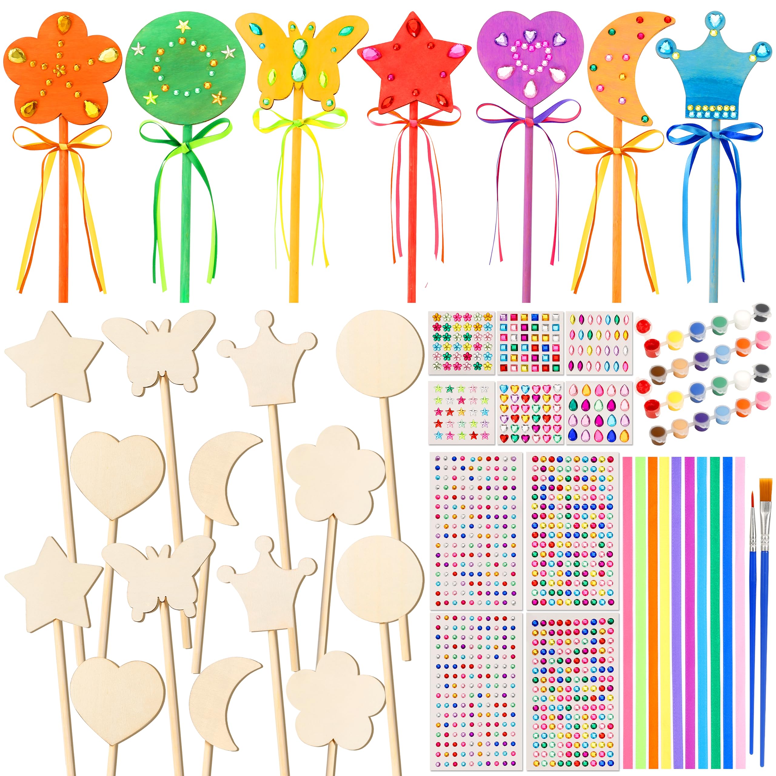 Pllieay Princess Fairy Wand Kit Includes 21 Unfinished Wooden Princess Wands Gem Stickers Ribbons and Paint, DIY Princess Wand Crafts for Princess Party Favors Fairy Birthday Party