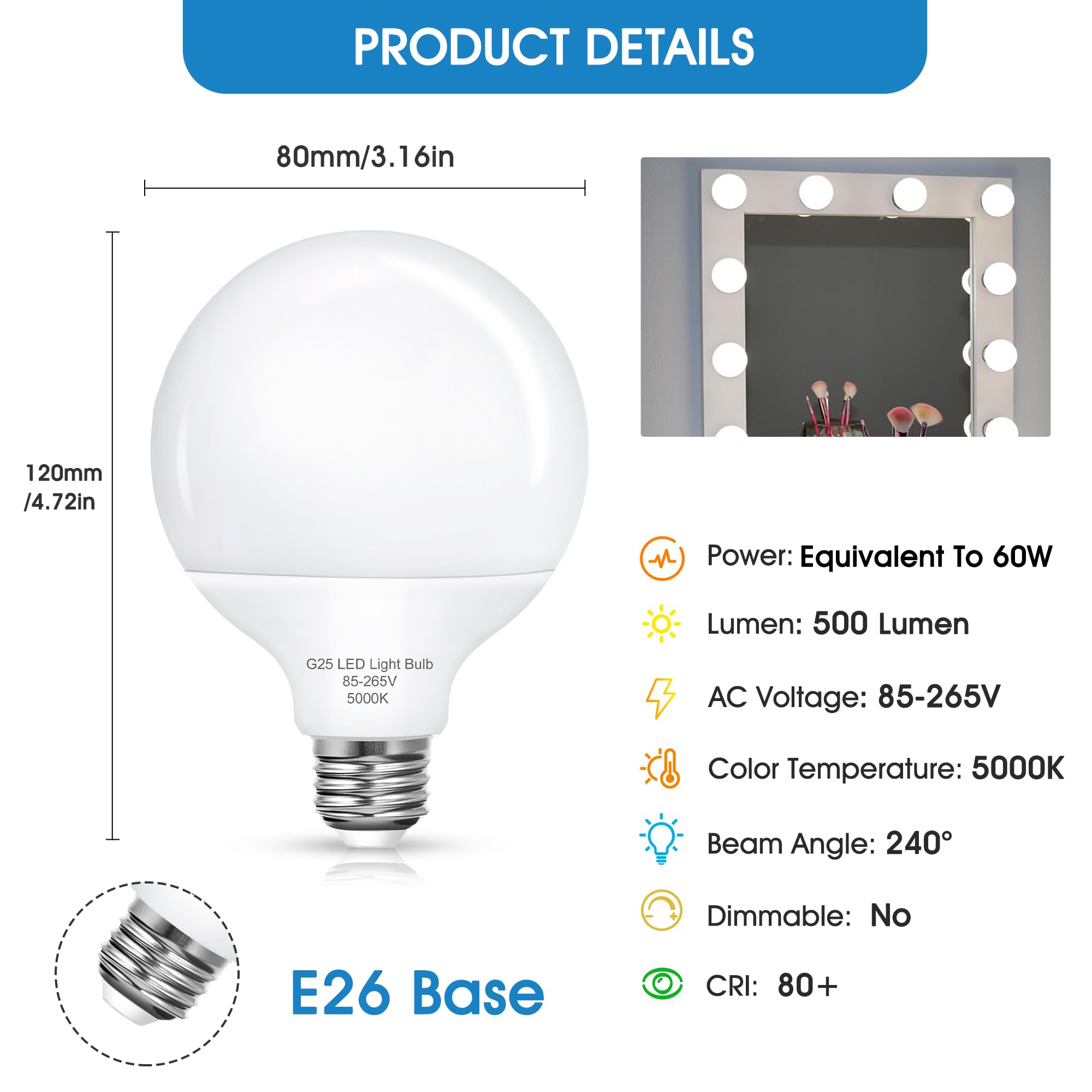 8 Pack G25 Vanity Light Bulb, LED Globe Bulbs for Bathroom Vanity Mirror, 60W LED Light Bulbs Equivalent, Brightness 5000K Daylight E26 Base Bulb, 6W LED for Round Makeup Mirror Lighting Non Dimmable
