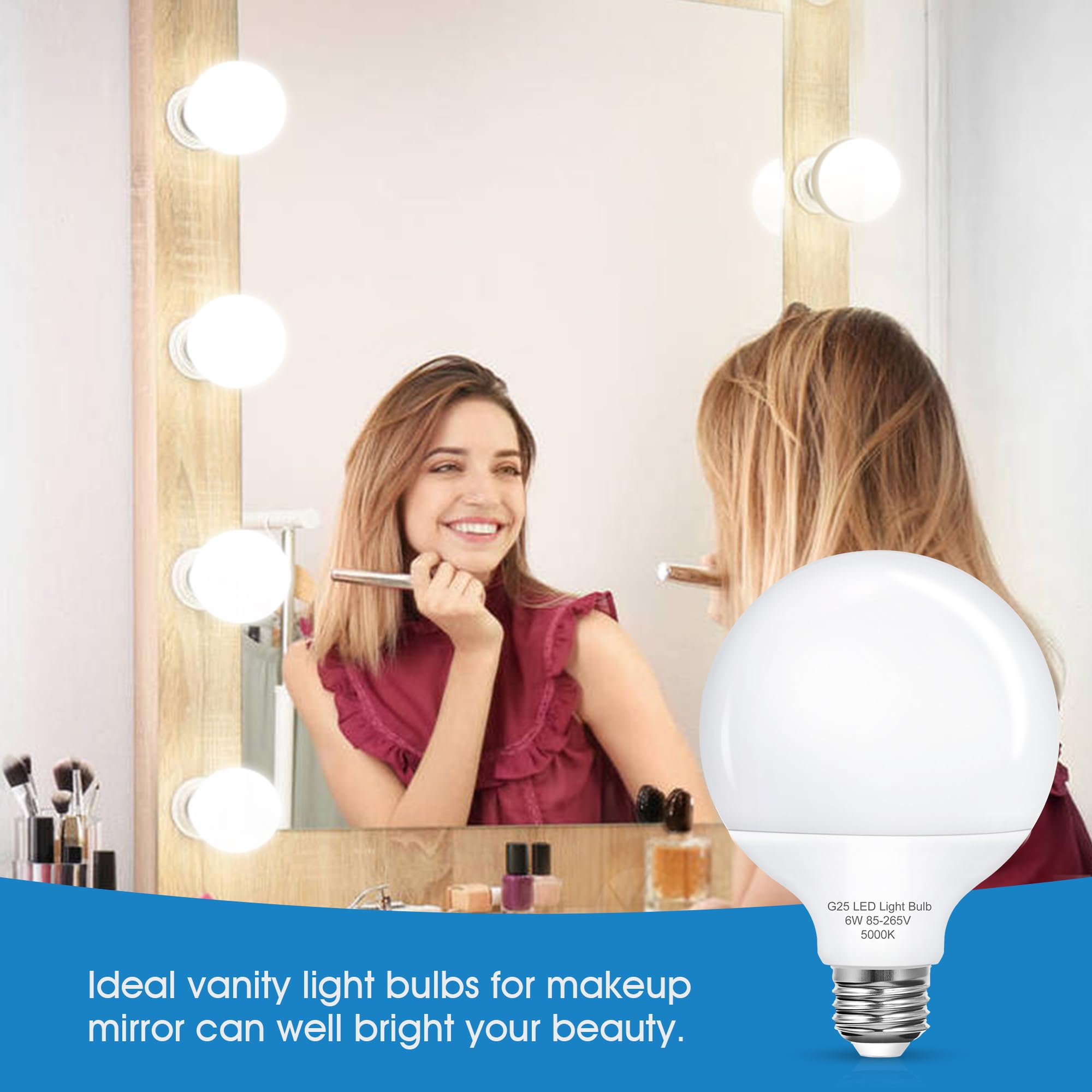 8 Pack G25 Vanity Light Bulb, LED Globe Bulbs for Bathroom Vanity Mirror, 60W LED Light Bulbs Equivalent, Brightness 5000K Daylight E26 Base Bulb, 6W LED for Round Makeup Mirror Lighting Non Dimmable