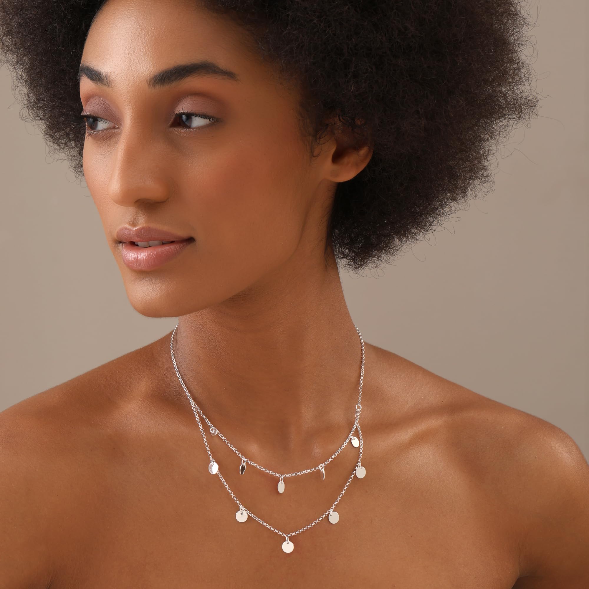 LeCalla 925 Sterling Silver Jewelry Italian Design Multi Row Disc Layered Necklace Hypoallergenic Multi-Strand Charm Necklace for Women with Lobster Claw Clasp 18 Inches