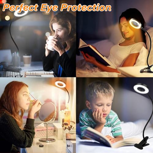 Lypumso Desk Lamp with Adapter, LED Reading Lamp Clip on Light, 3 Color Modes 10 Dimmable Brightness, Perfect Clamp Lamp for Home Office Studying Working Makeup Craft