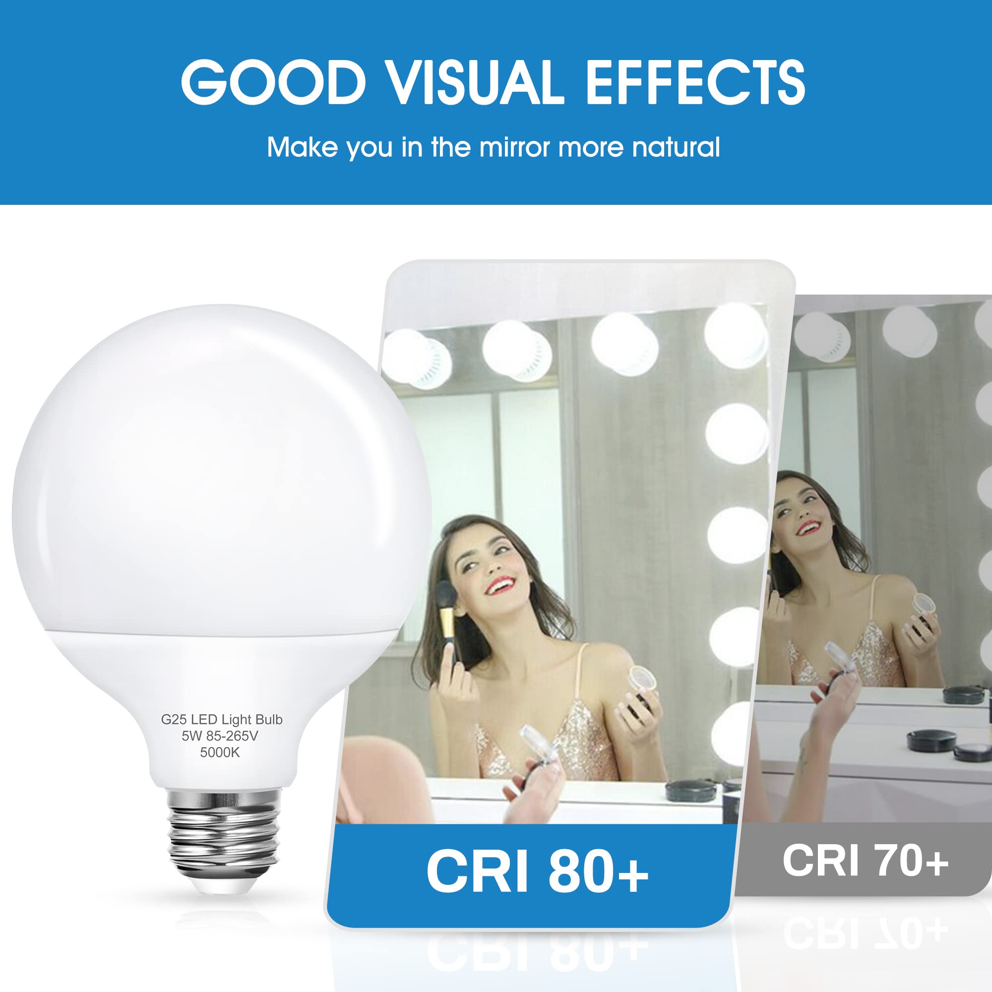 8 Pack G25 Vanity Light Bulb, LED Globe Bulbs for Bathroom Vanity Mirror, 60W LED Light Bulbs Equivalent, Brightness 5000K Daylight E26 Base Bulb, 6W LED for Round Makeup Mirror Lighting Non Dimmable