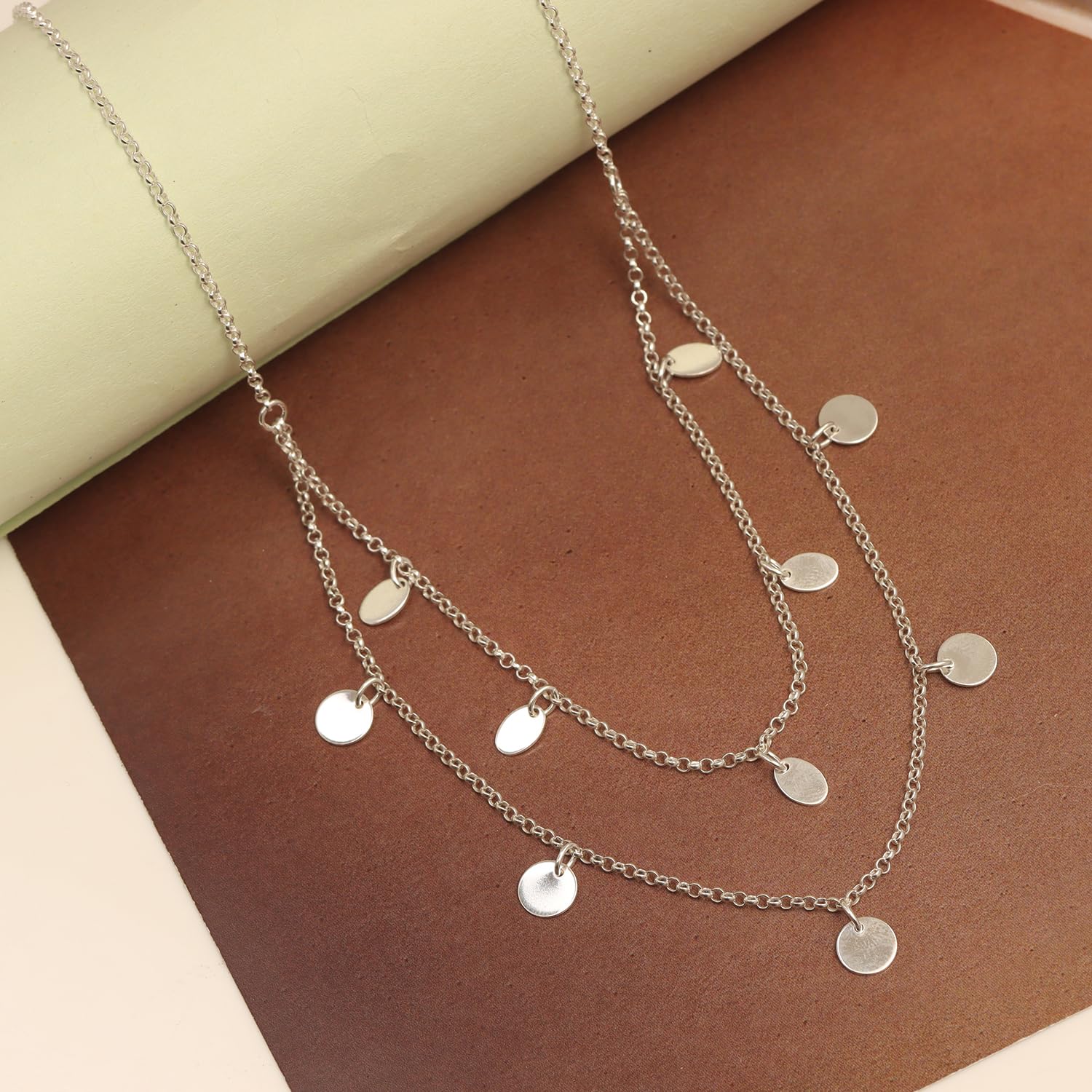 LeCalla 925 Sterling Silver Jewelry Italian Design Multi Row Disc Layered Necklace Hypoallergenic Multi-Strand Charm Necklace for Women with Lobster Claw Clasp 18 Inches