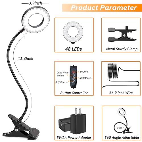 Lypumso Desk Lamp with Adapter, LED Reading Lamp Clip on Light, 3 Color Modes 10 Dimmable Brightness, Perfect Clamp Lamp for Home Office Studying Working Makeup Craft