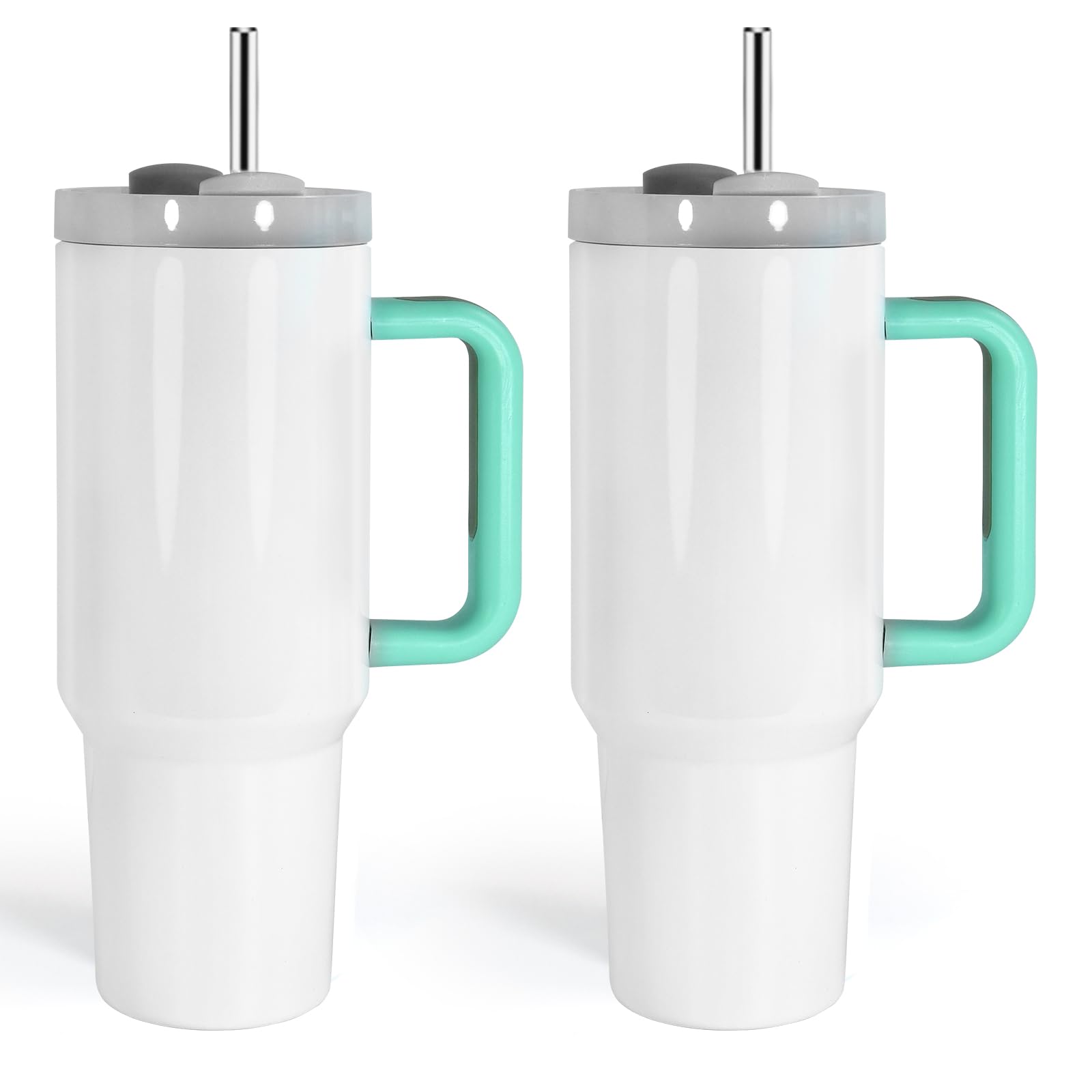AGH 2 Pack 40 oz Sublimation White Tumbler with Blue Handle and Stainless Steel Straw, Insulated Double Wall Vacuum Reusable Cups with Leakproof Lid, Travel Mugs Blank for Party,Home,Driving,Office