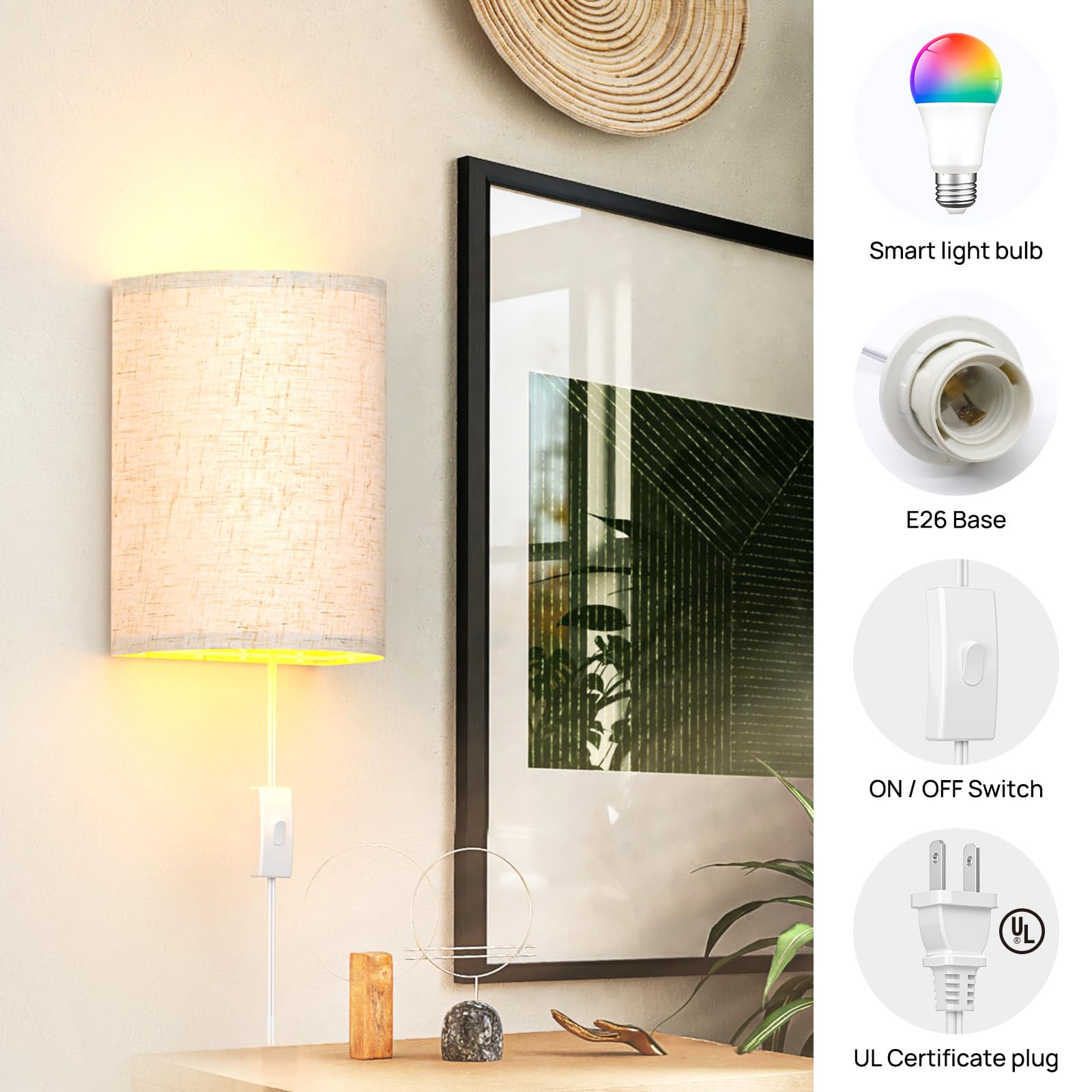 Lenarinter Wall Lamp with Plug in Cord Set of 2, Battery Operated Wall Sconces with RGB Smart Bulb & Switch Control, Linen Fabric Shade, Indoor Wall Lights for Bedroom Living Room Hallway