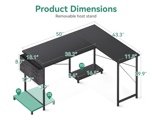 AODK L Shaped Desk, 50 Inch Computer Desk with Storage Bag, Reversible Home Office Desk with Host Stand, Black Corner Table for Bedroom Studio, Modern Wood PC Desk for Study Work