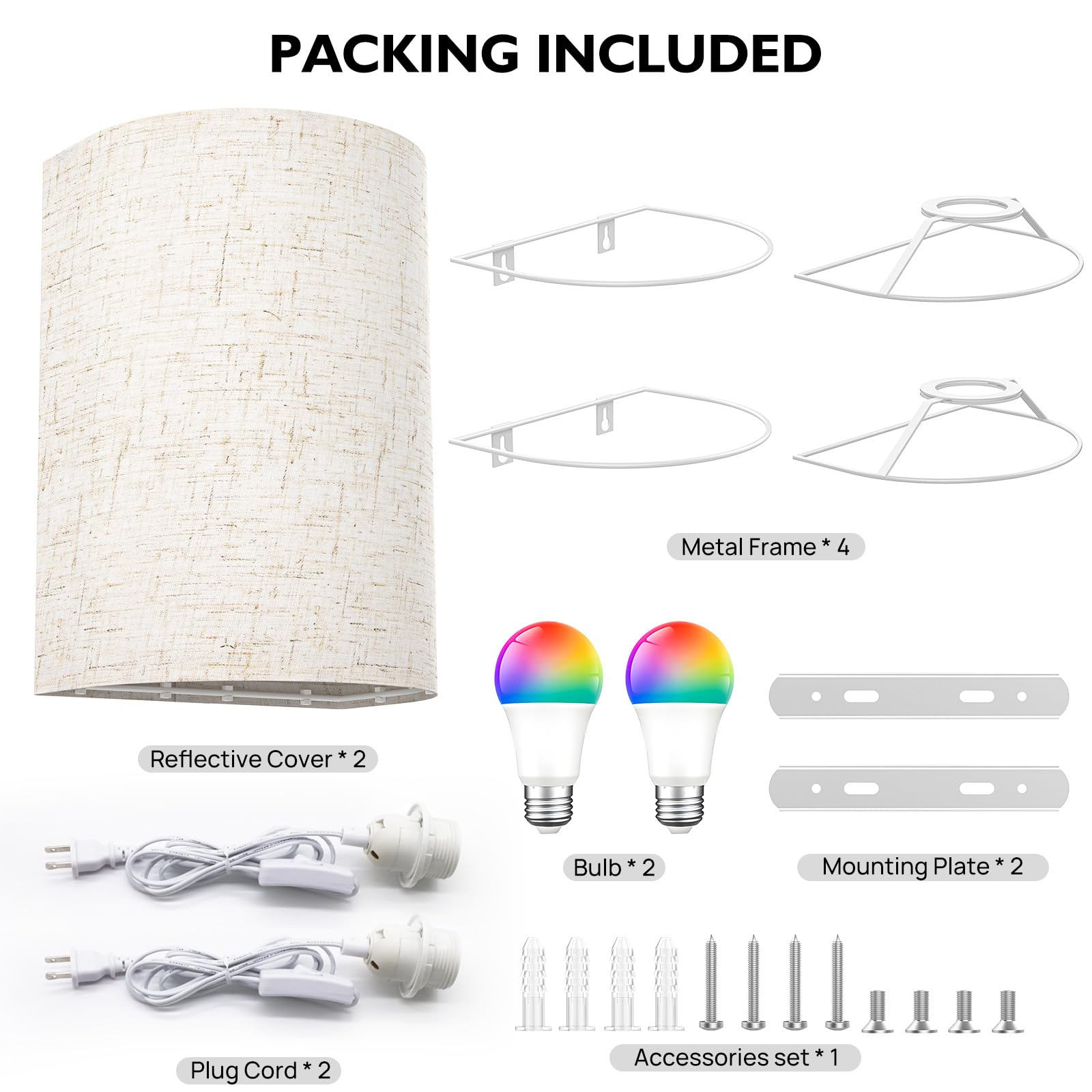 Lenarinter Wall Lamp with Plug in Cord Set of 2, Battery Operated Wall Sconces with RGB Smart Bulb & Switch Control, Linen Fabric Shade, Indoor Wall Lights for Bedroom Living Room Hallway