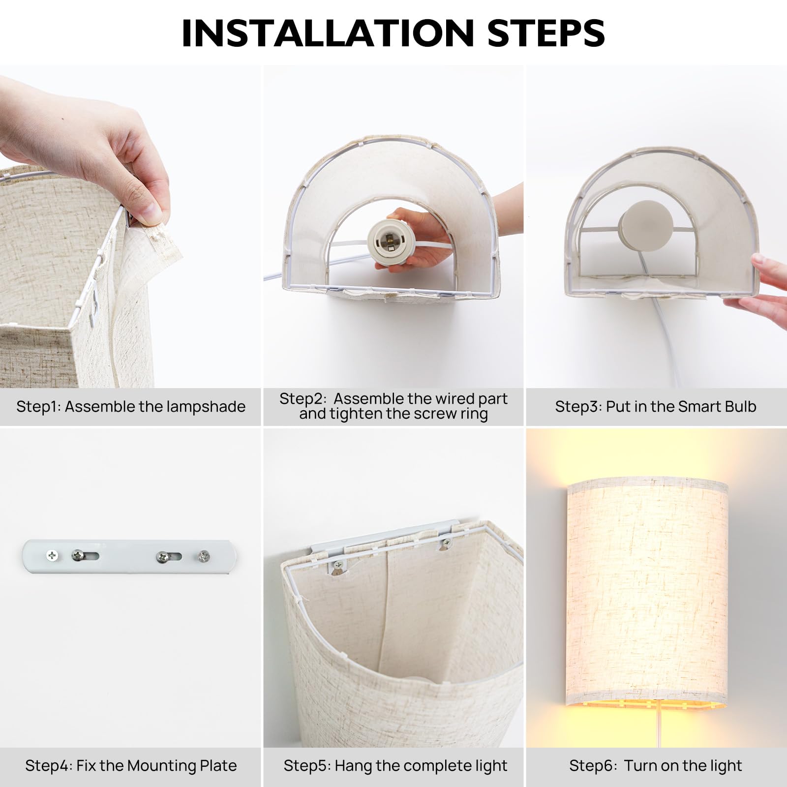 Lenarinter Wall Lamp with Plug in Cord Set of 2, Battery Operated Wall Sconces with RGB Smart Bulb & Switch Control, Linen Fabric Shade, Indoor Wall Lights for Bedroom Living Room Hallway