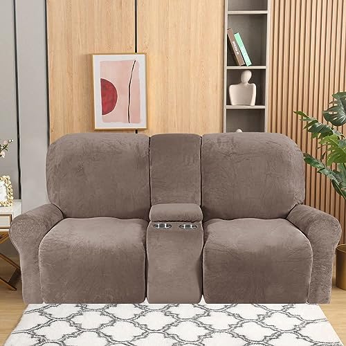 cjc Reclining Loveseat with Middle Console Slipcover, 8-Piece Velvet Stretch Loveseat Reclining Sofa Covers, 2 seat Loveseat Recliner Cover, Thick, Soft, Washable, Loveseat Slipcovers(Taupe)