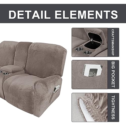 cjc Reclining Loveseat with Middle Console Slipcover, 8-Piece Velvet Stretch Loveseat Reclining Sofa Covers, 2 seat Loveseat Recliner Cover, Thick, Soft, Washable, Loveseat Slipcovers(Taupe)