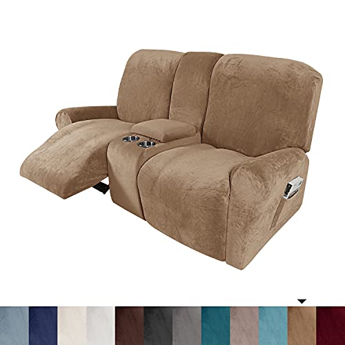 cjc Reclining Loveseat with Middle Console Slipcover, 8-Piece Velvet Stretch Loveseat Reclining Sofa Covers, 2 seat Loveseat Recliner Cover, Thick, Soft, Washable, Loveseat Slipcovers(Taupe)