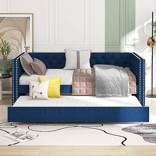 CECER Space Saving Pull Out Sleeper Sofa Bed, Button Tufted Couch Bed with Riveted Design, Daybed with Trundle, Daybed for Apartment Living Room Bedroom Office, Navy Blue