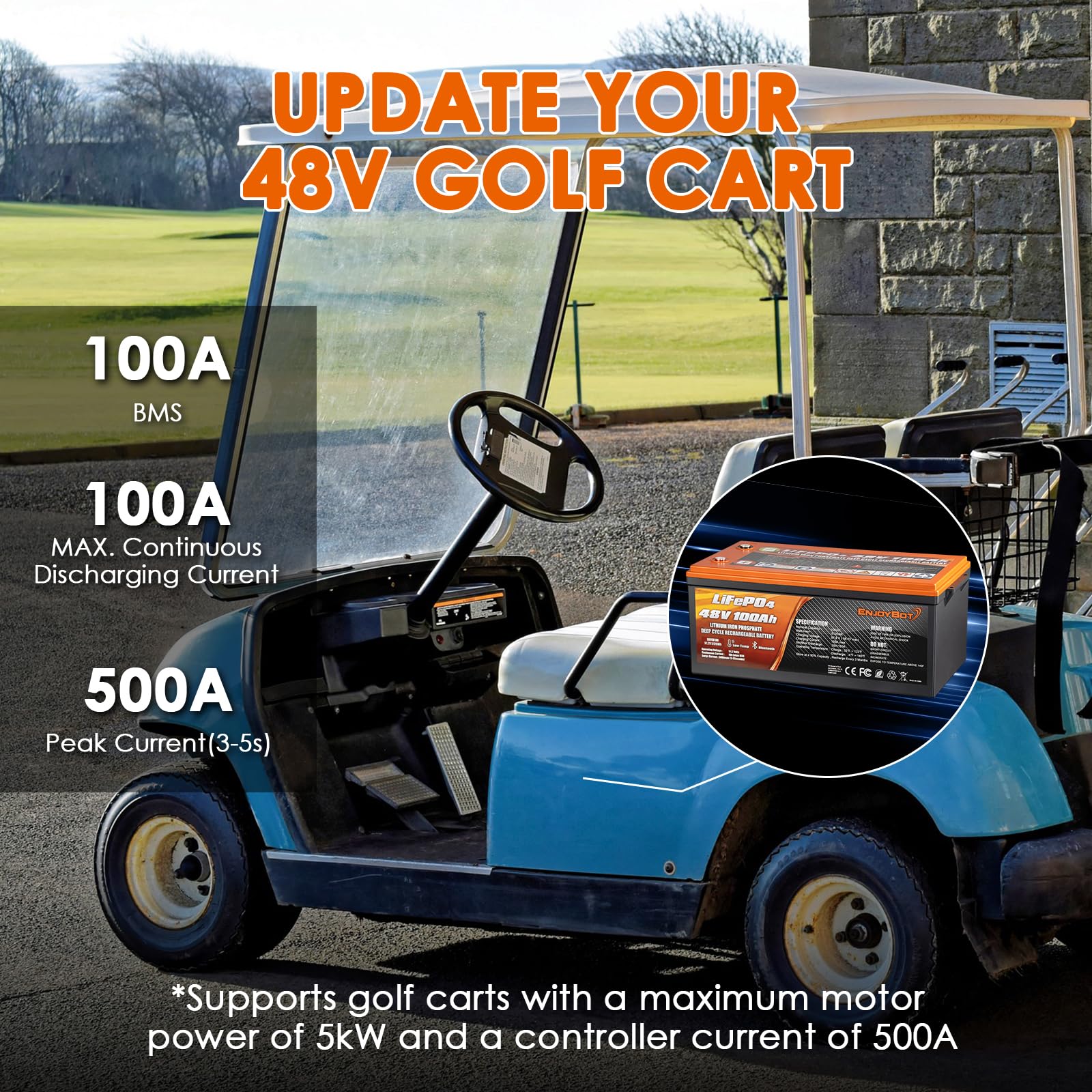 Enjoybot 48V 100Ah LiFePO4 Lithium Battery, Built-in 100A BMS and Bluetooth, Low Temperature Cut-Off Function and Peak Current 500A Perfect for Golf Cart Solar Off-Grid RV Camper, Home Energy Storage