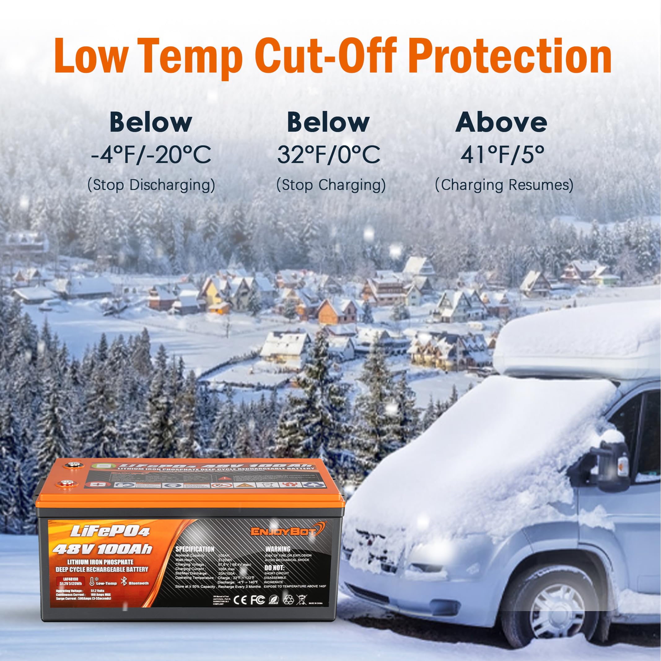 Enjoybot 48V 100Ah LiFePO4 Lithium Battery, Built-in 100A BMS and Bluetooth, Low Temperature Cut-Off Function and Peak Current 500A Perfect for Golf Cart Solar Off-Grid RV Camper, Home Energy Storage